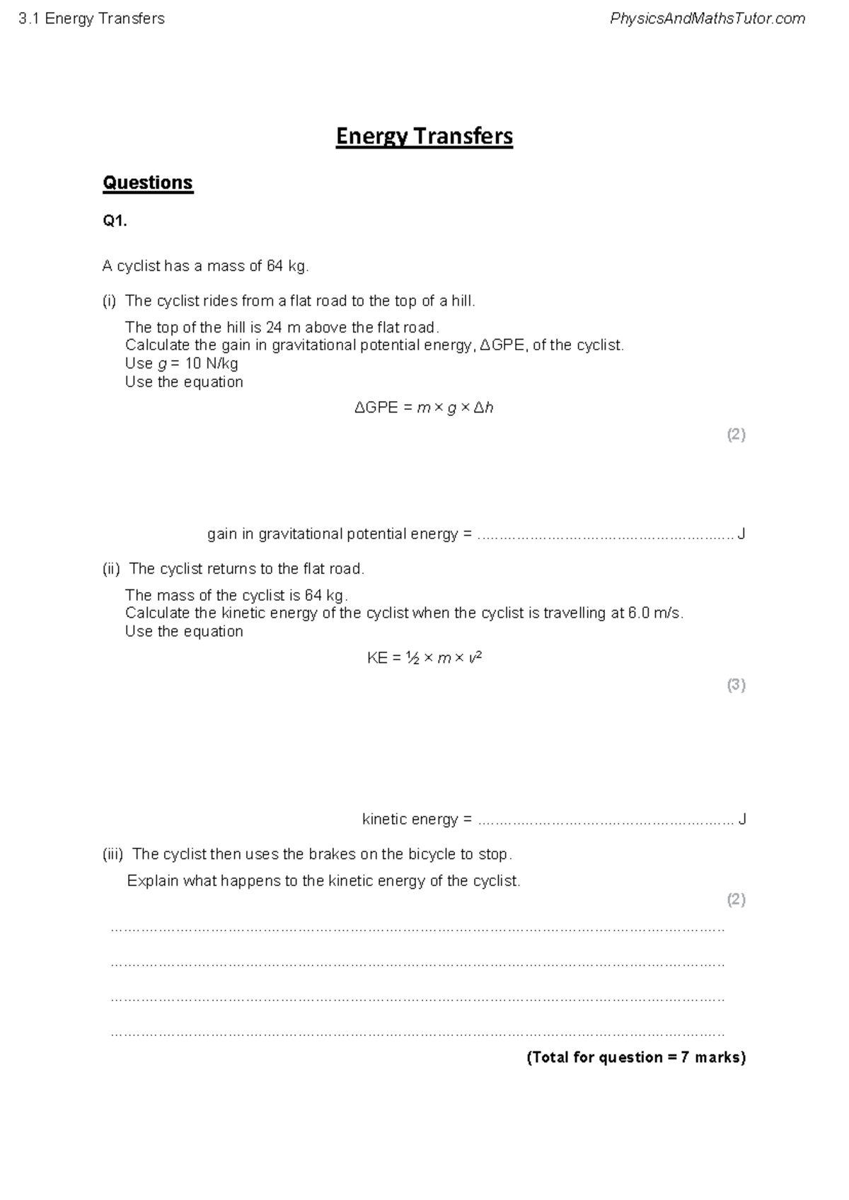 3.1 Energy Transfers: Questions and Calculations on Energy Concepts ...