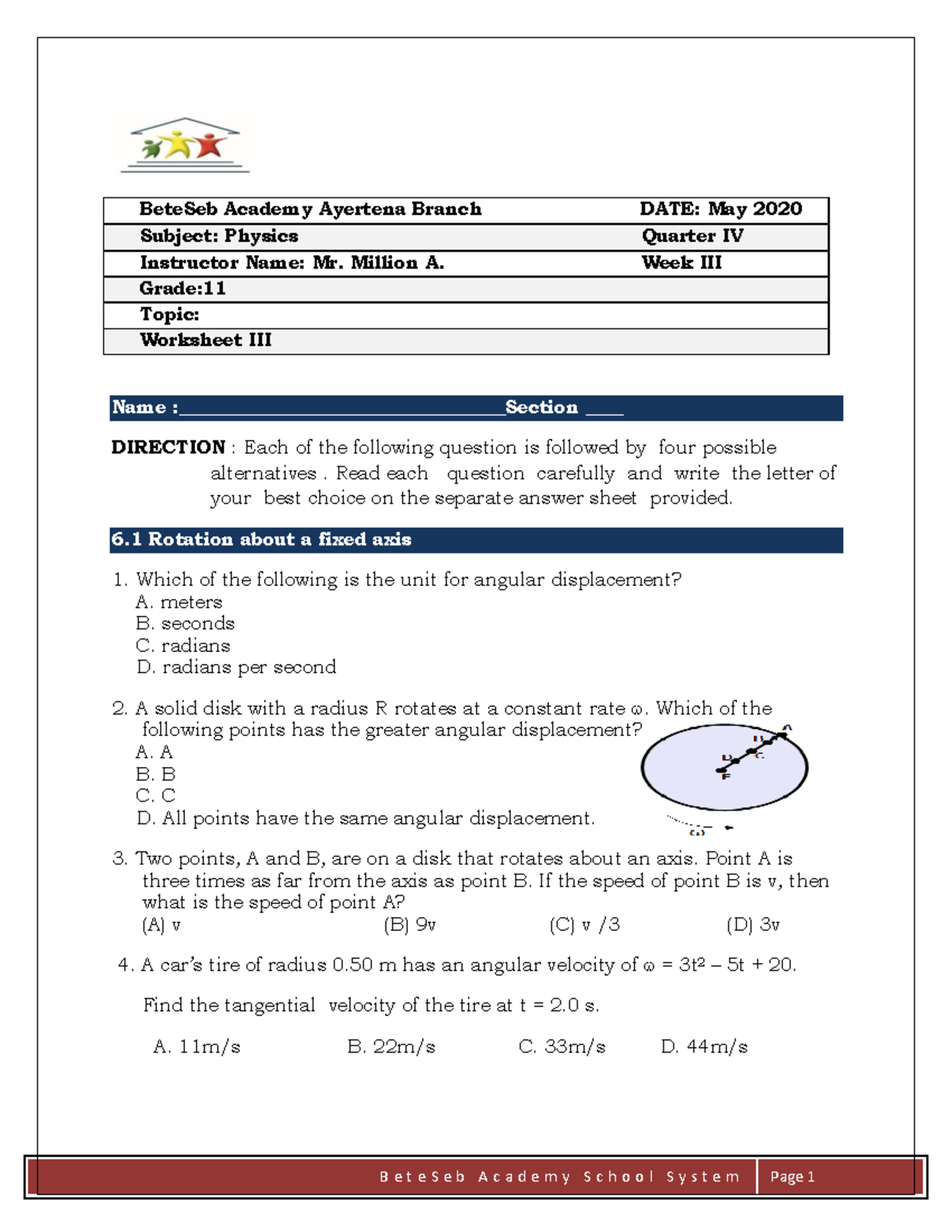 Physics rotations - BeteSeb Academy Ayertena Branch DATE: May 2020 ...