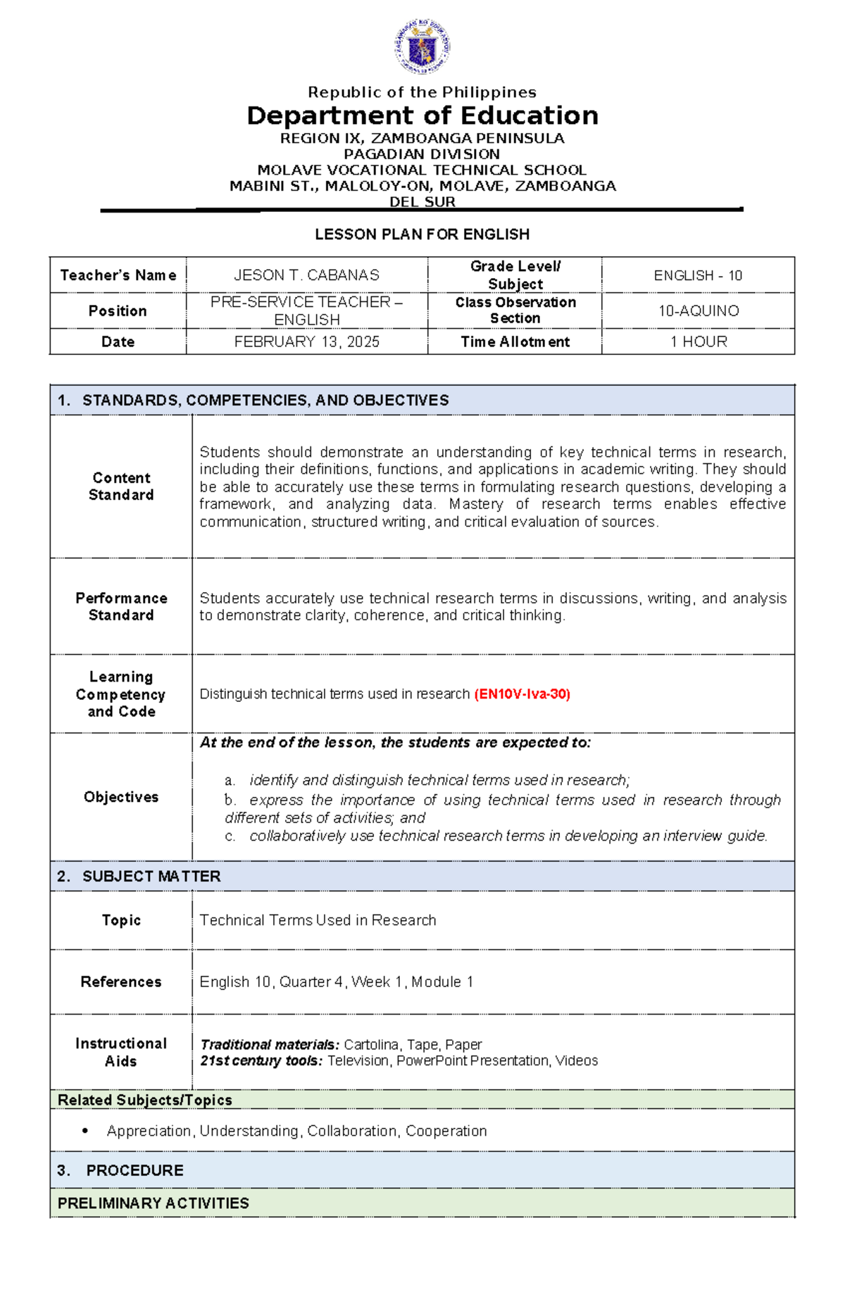 G10 English Lesson Plan: Technical Terms in Research (EN10V-Iva-30 ...