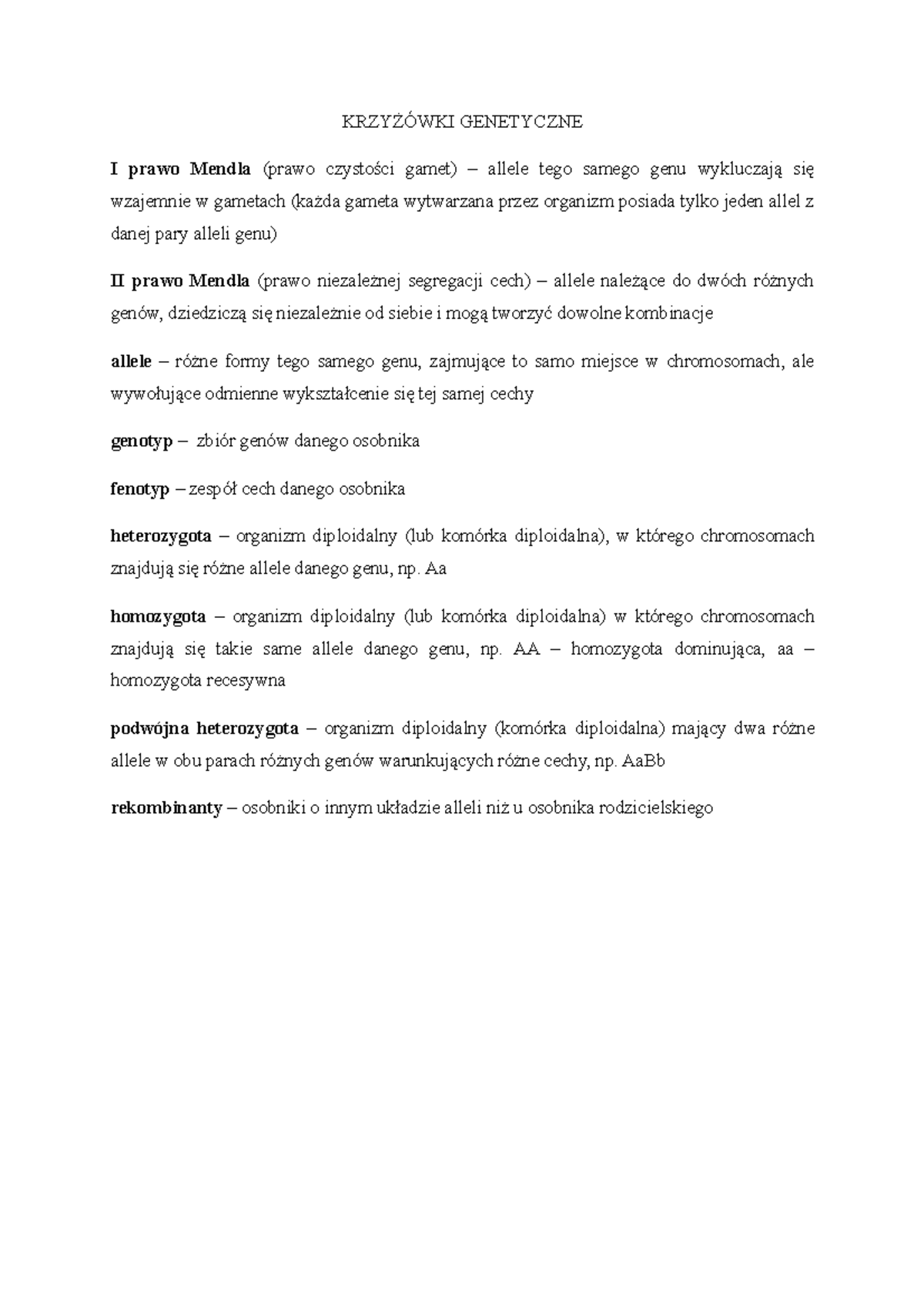 Krzyżówki Genetyczne i Prawo Mendla - Notatki z Lekcji - Studocu