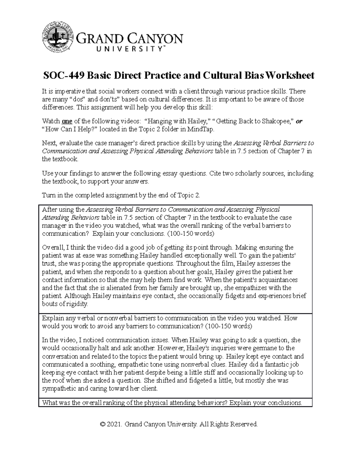 SOC-449 - Cultural Bias & Direct Practice Skills Evaluation Worksheet ...