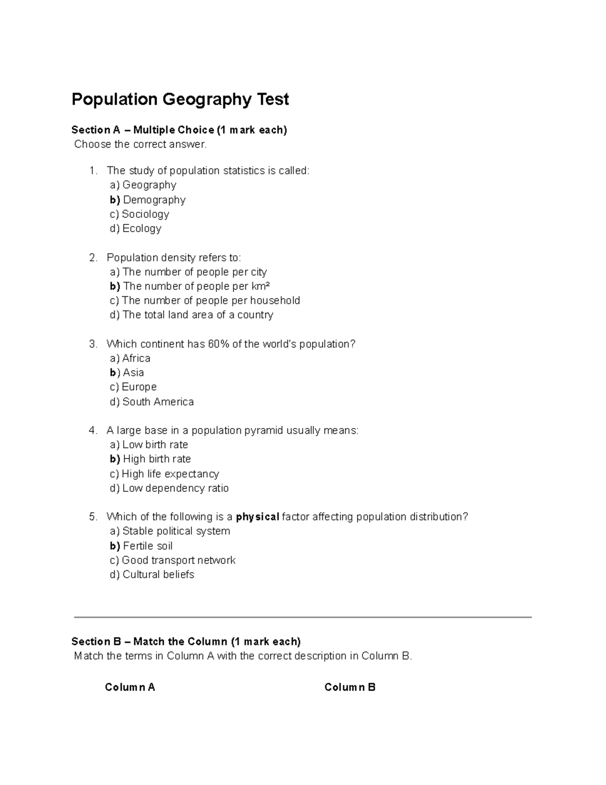 Geography MOCK Tests: Population Geography Test (Section A) - Studocu