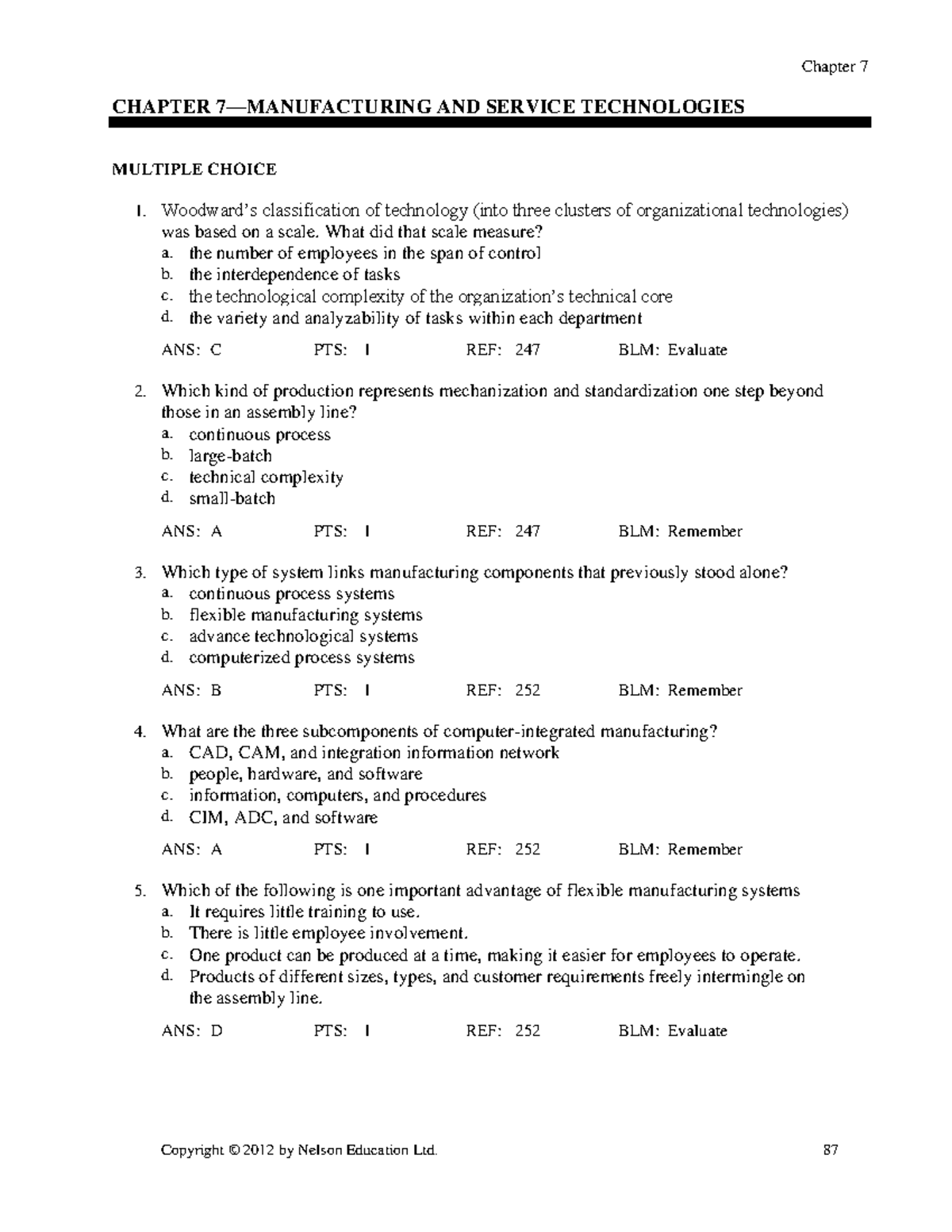 Chapter 7 MC - CHAPTER 7—MANUFACTURING AND SERVICE TECHNOLOGIES ...