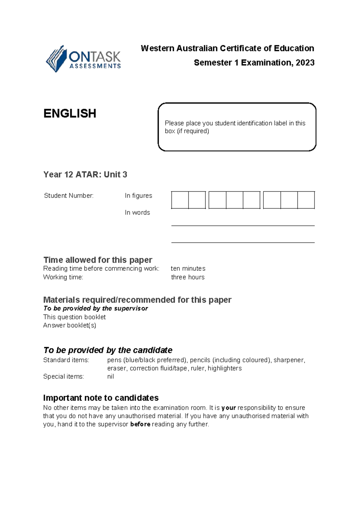 2023 ENGLISH ATAR Unit 3 Semester 1 Exam Questions & Guidelines - Studocu