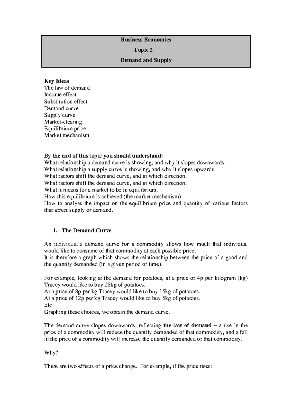 Business Economics: Topic 2 - Demand and Supply Analysis Notes - Studocu