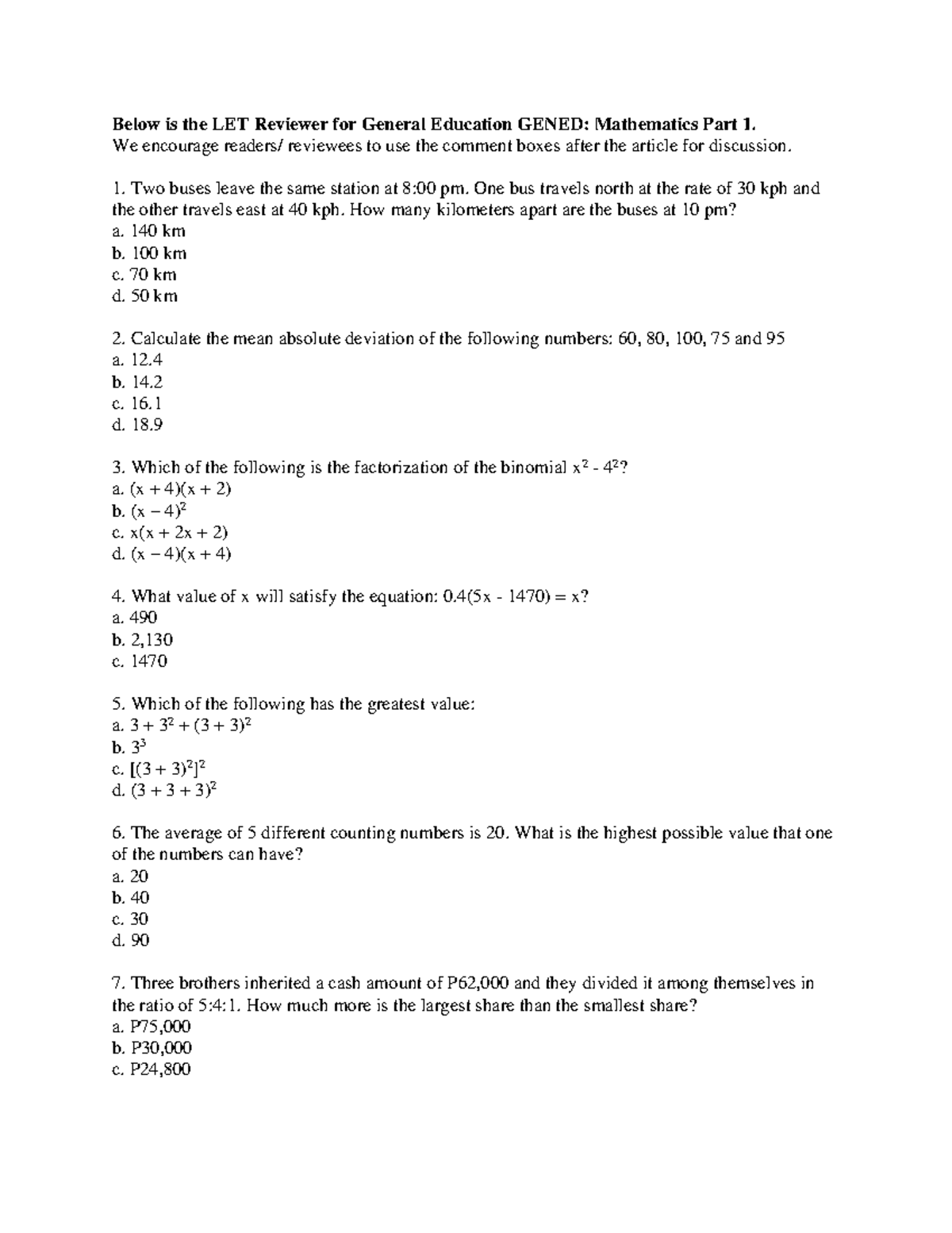 LET GENED Mathematics Practice Drills: Reviewer Part 1 - Studocu