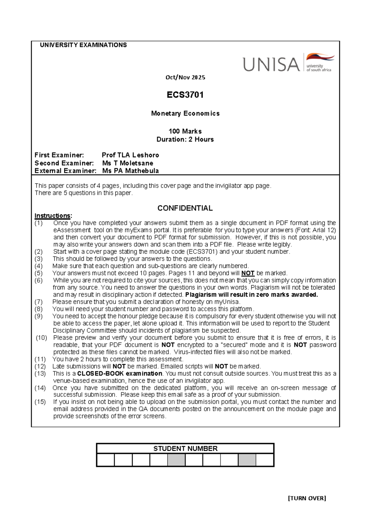 ECS3701 Monetary Economics Final Exam Guidelines 2025 - Studocu