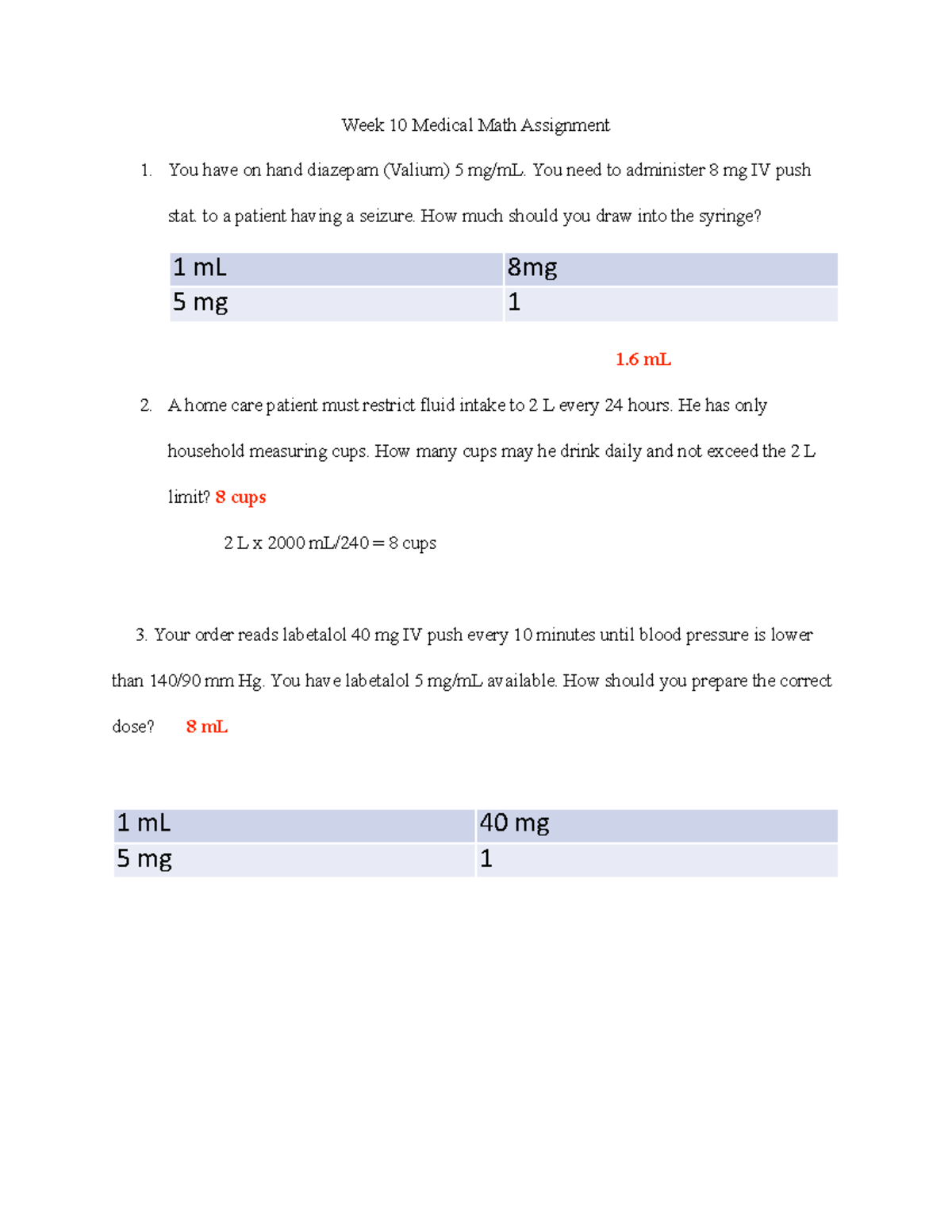 Week 10 Medical Math Assignment - Dosage and Administration Solutions ...