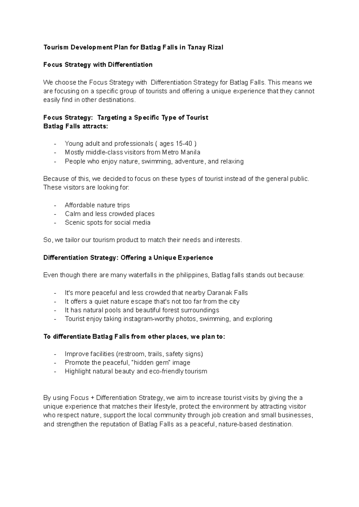 Tourism Development Plan for Batlag Falls: Focus Strategy ...