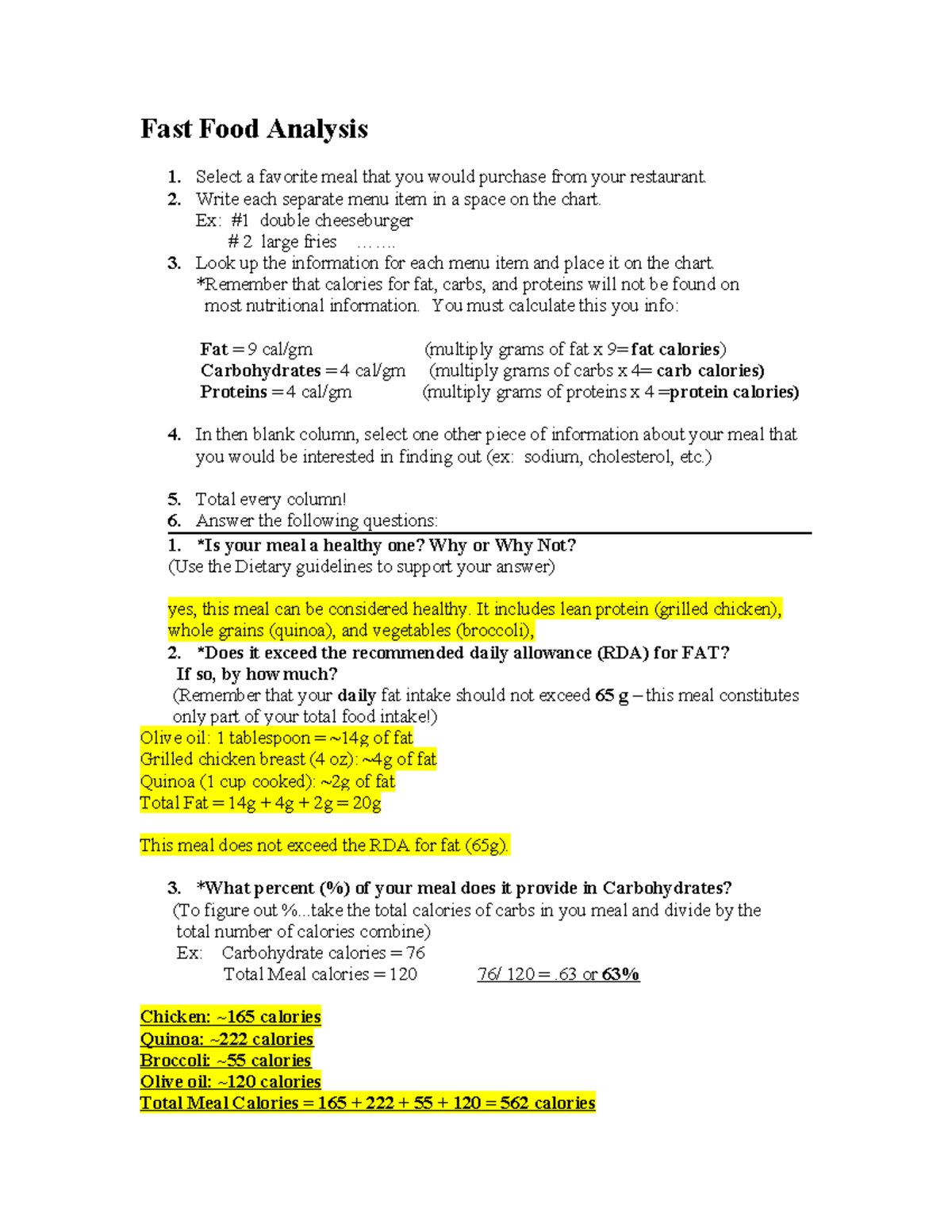 Fast Food Analysis - Instruction AND Table - Fast Food Analysis 1 ...