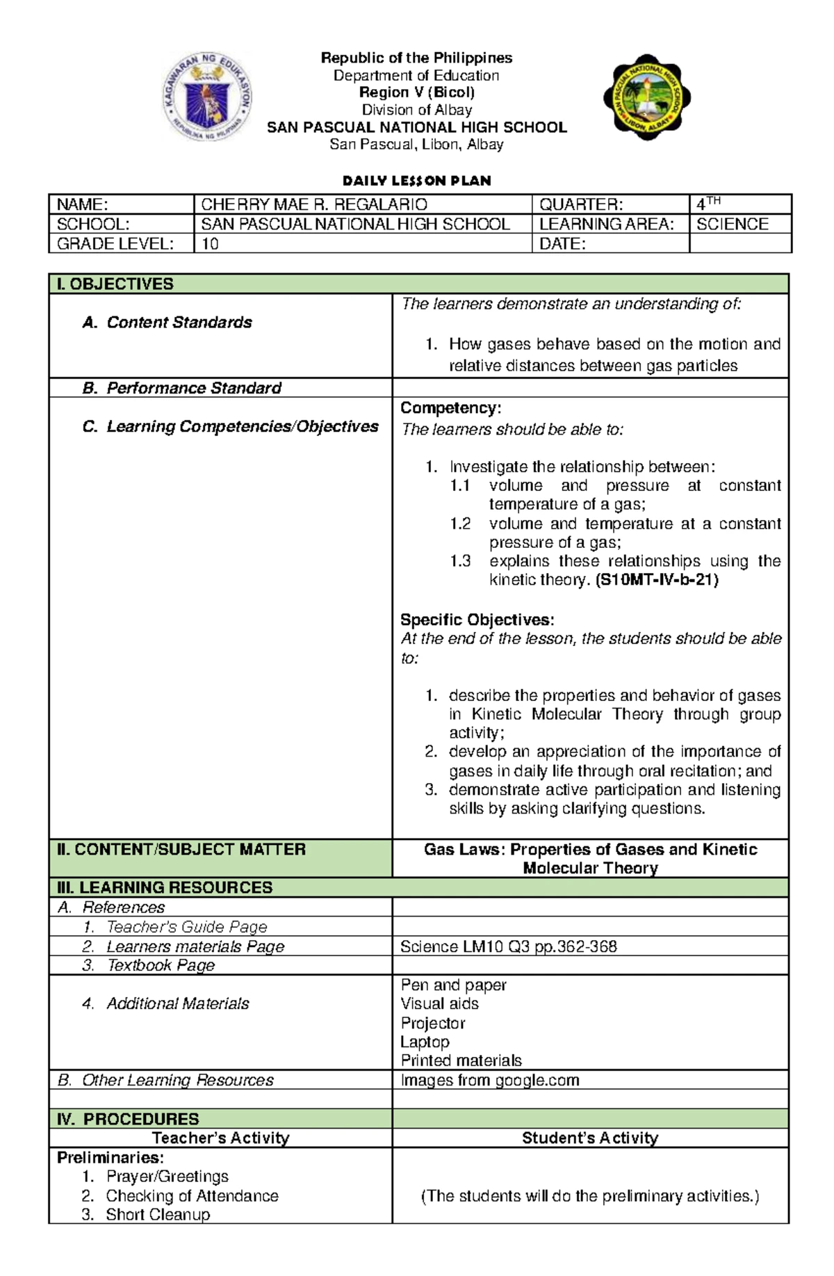7E lesson plan Combined Gas Law - School SABLAYAN NATIONALCOMPREHENSIVE ...