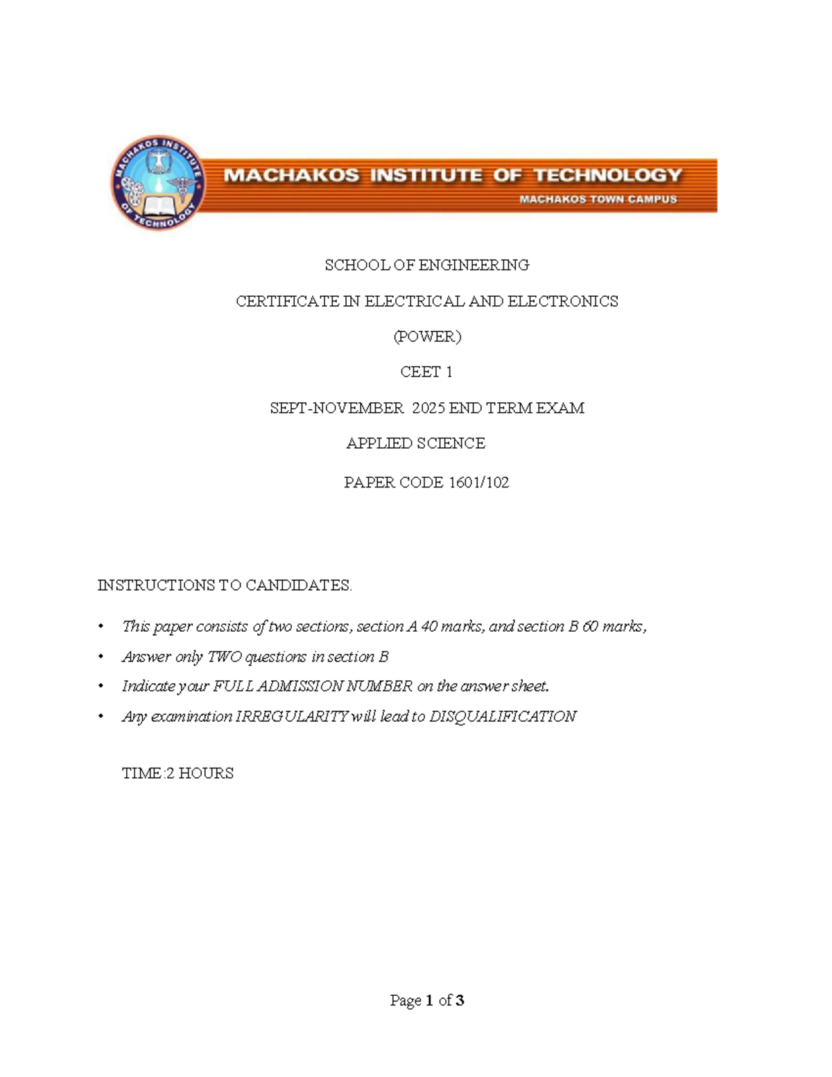 CEET 1 2025 End Term Exam: Applied Science Paper Instructions - Studocu