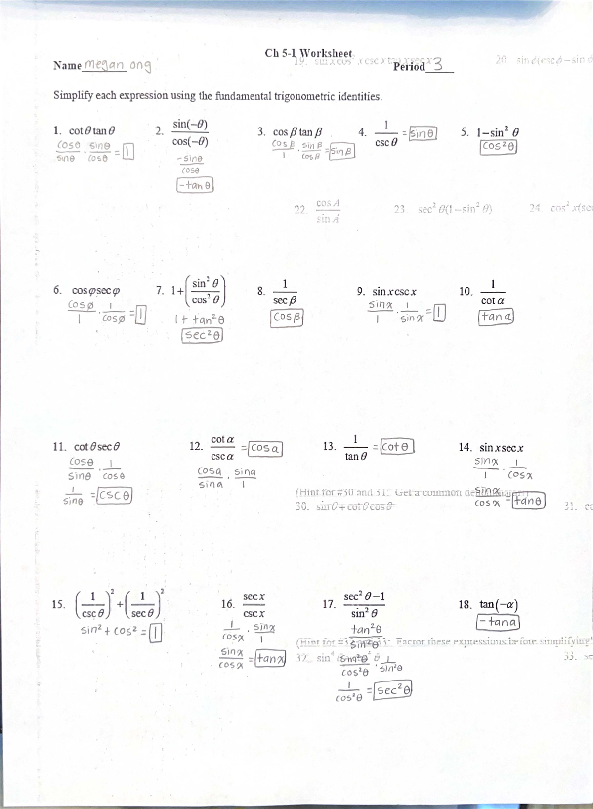 5.1 Trig Worksheet: Simplifying Expressions Using Identities - Studocu