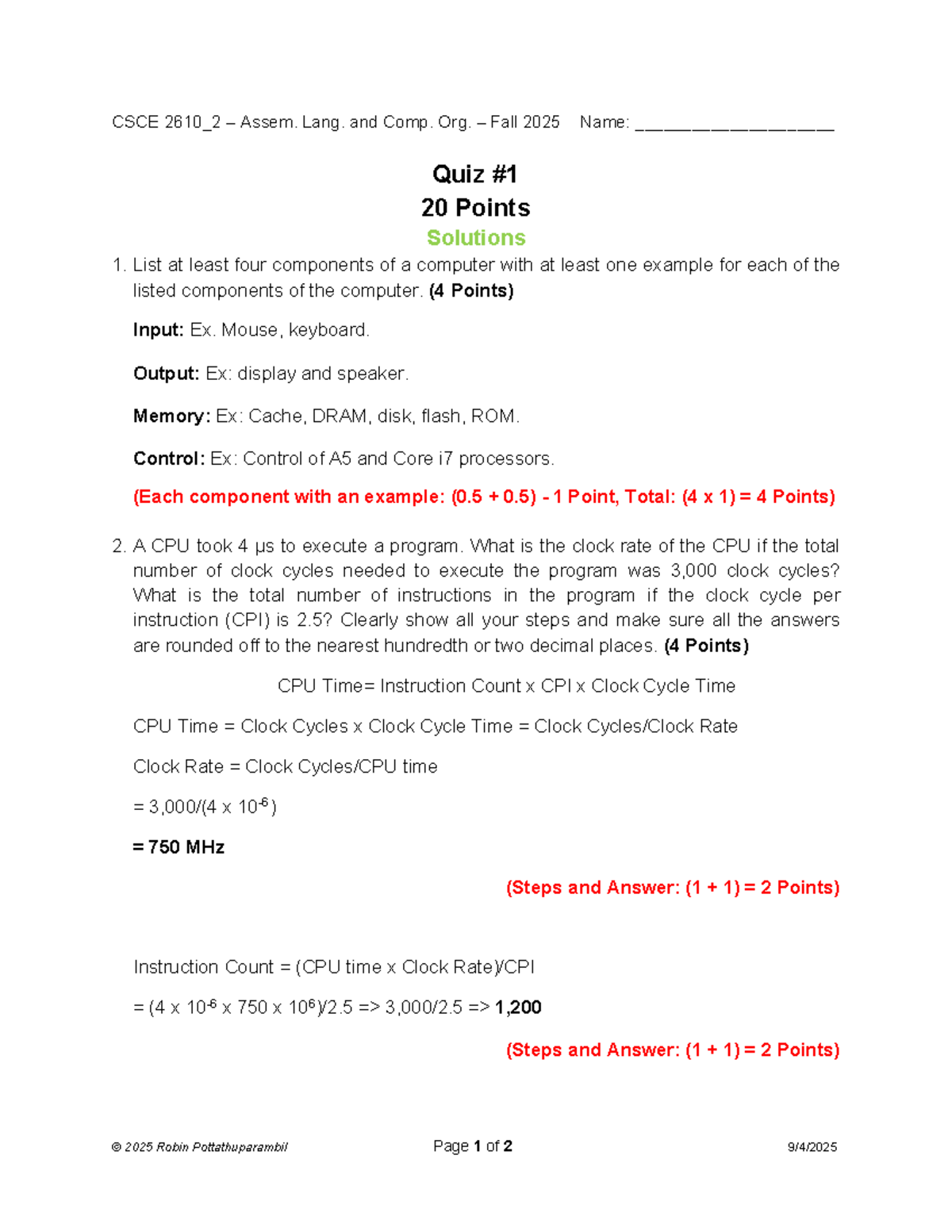 CSCE 2610 Quiz #1 Solutions - Assem. Lang. & Comp. Org. Fall 2025 - Studocu