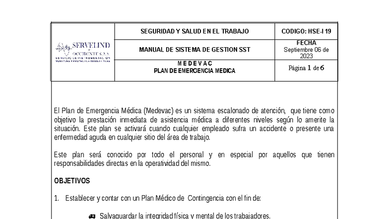 Medevac: Plan de Emergencia Médica - Manual SST Código 19 - Studocu