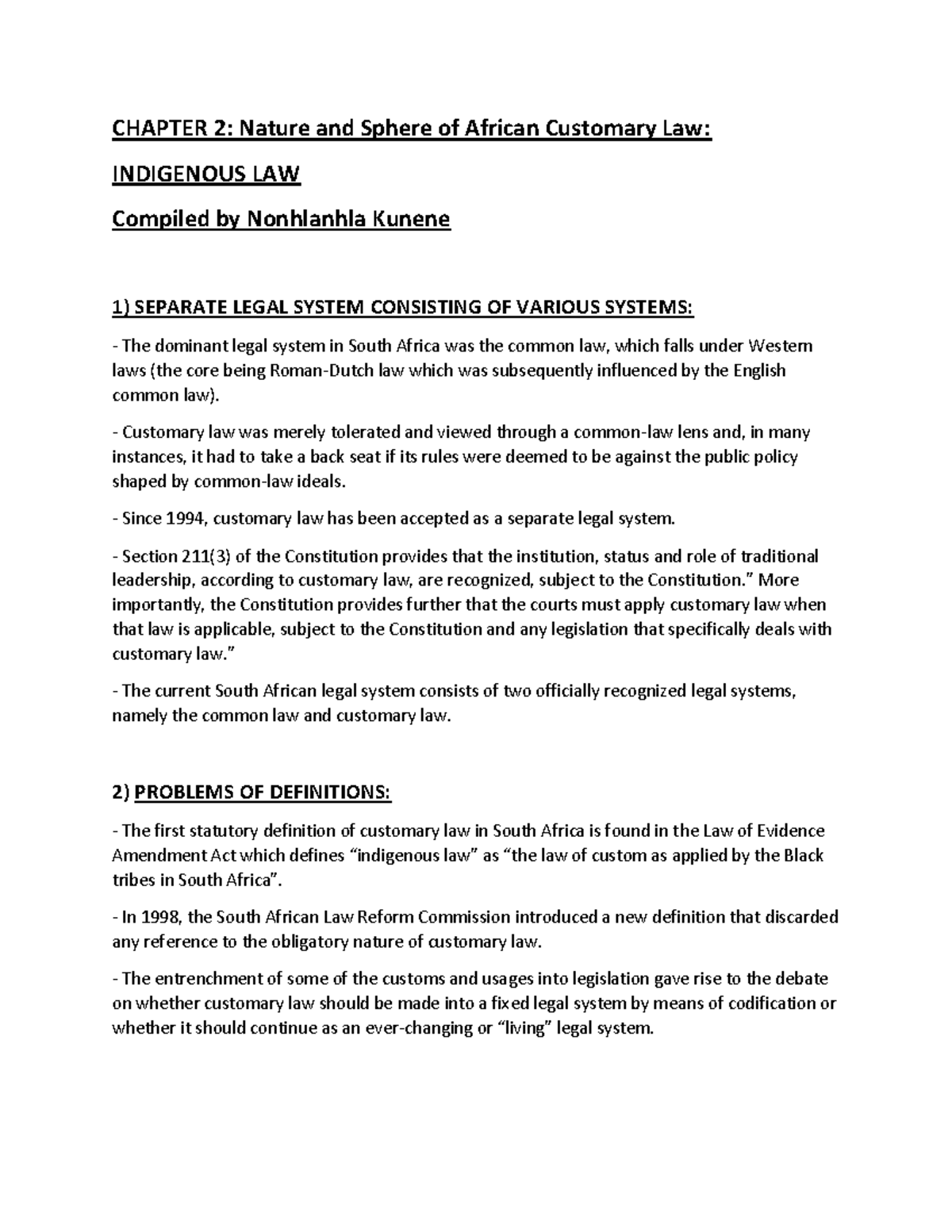 Chapter 2: Exploring Nature & Sphere of African Customary Law - Studocu