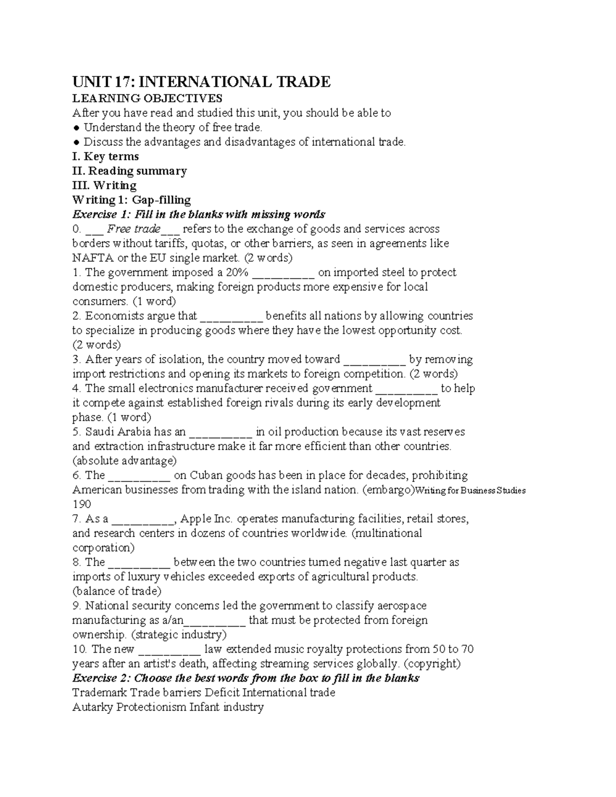 UNIT 17: International Trade - Key Concepts & Exercises - Studocu
