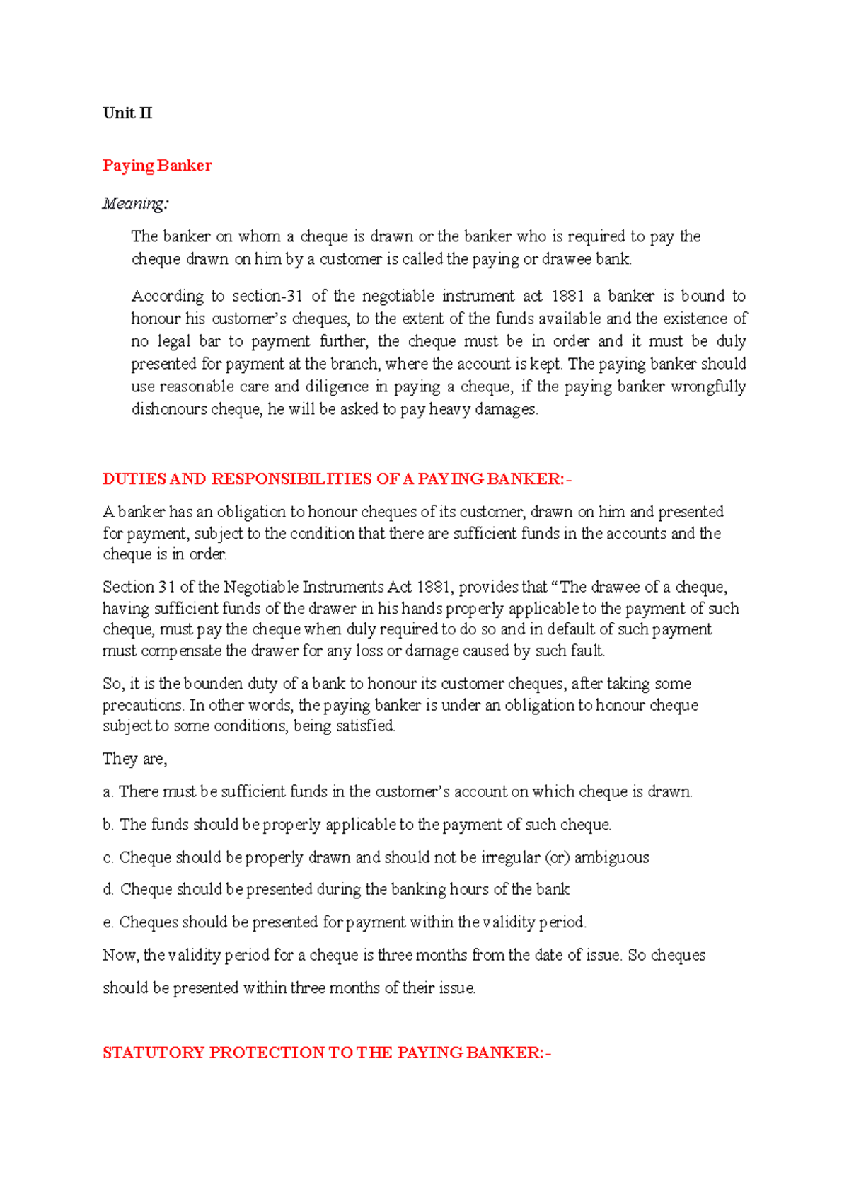 Law and Practice of Banking Unit 2: Paying Banker Responsibilities ...