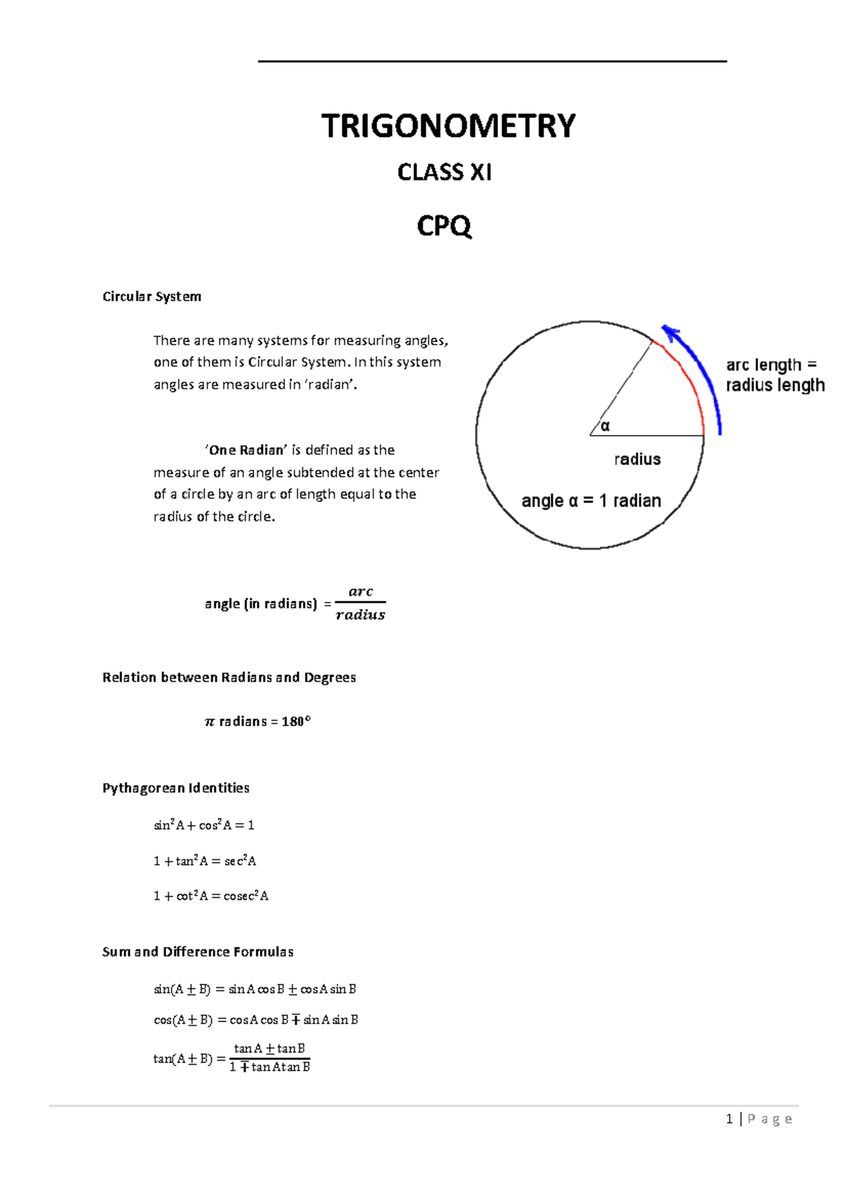 Trigonometry Class XI CPQ: Circular System Overview - Studocu