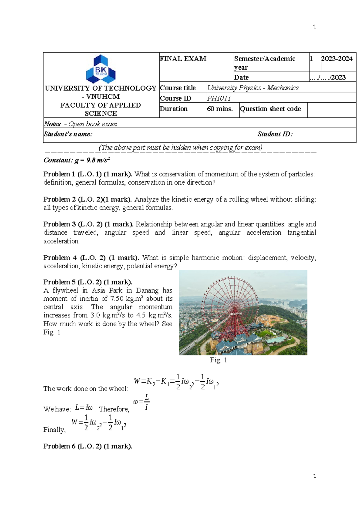University Physics Mechanics Final Exam Answers PH-2023-1 - Studocu