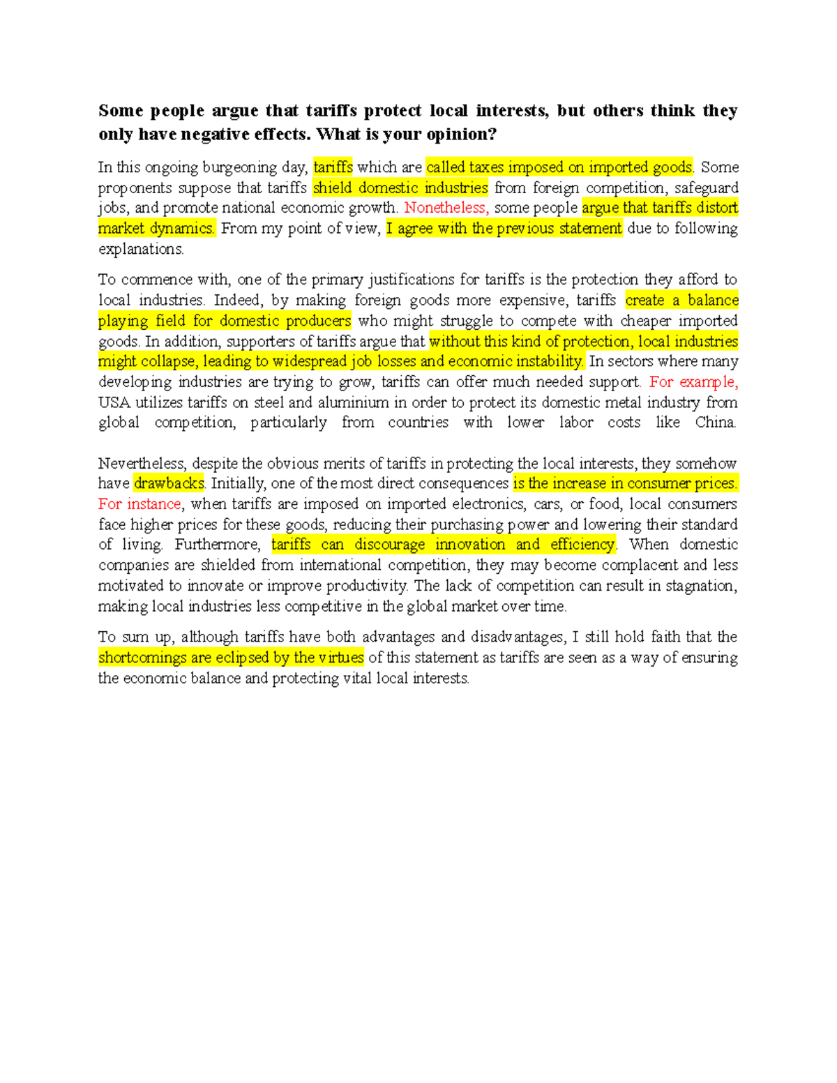 Tariff essay - ESP: Balancing local interests and market dynamics - Studocu