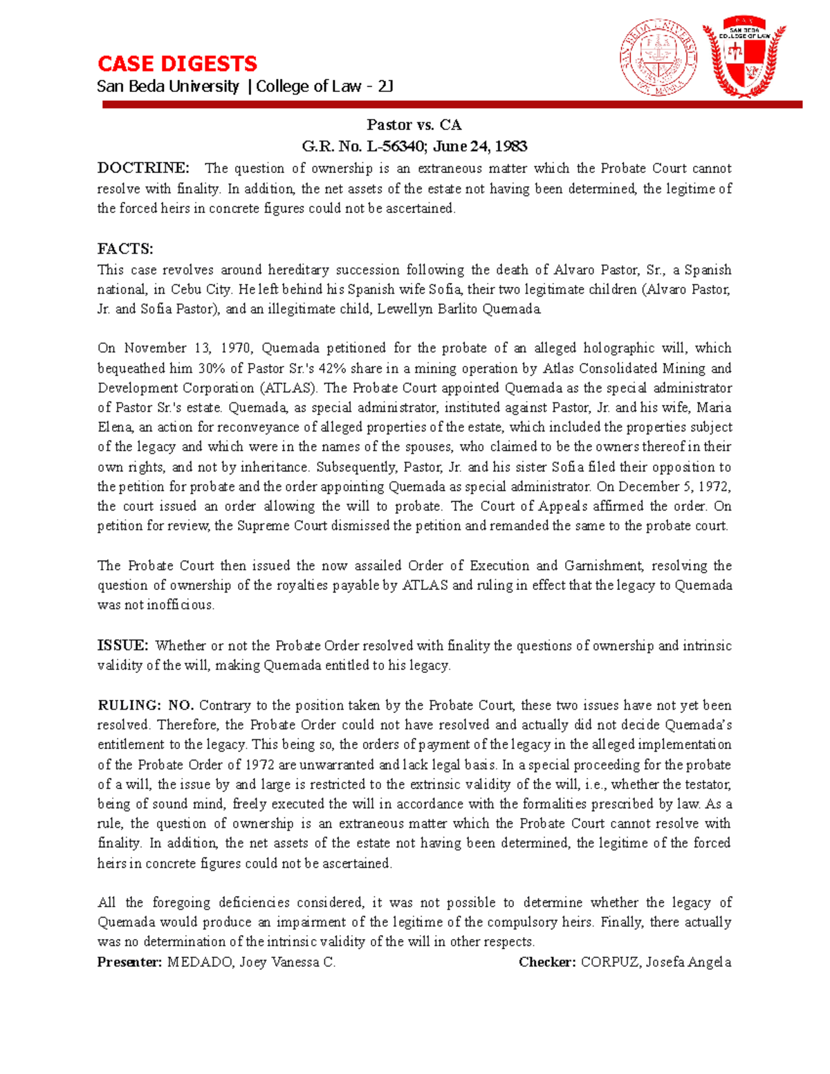 Medado - case digest - CASE DIGESTS San Beda University | College of ...