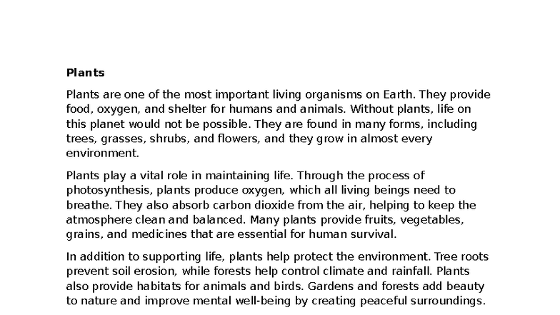 Plants Essay: The Vital Role of Flora in Our Ecosystem - Studocu