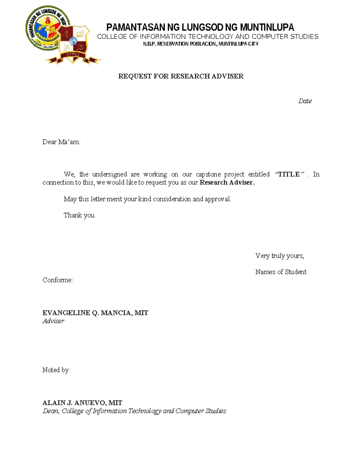 Request Letters for Research Adviser, Editor, and Panel - MIT - Studocu
