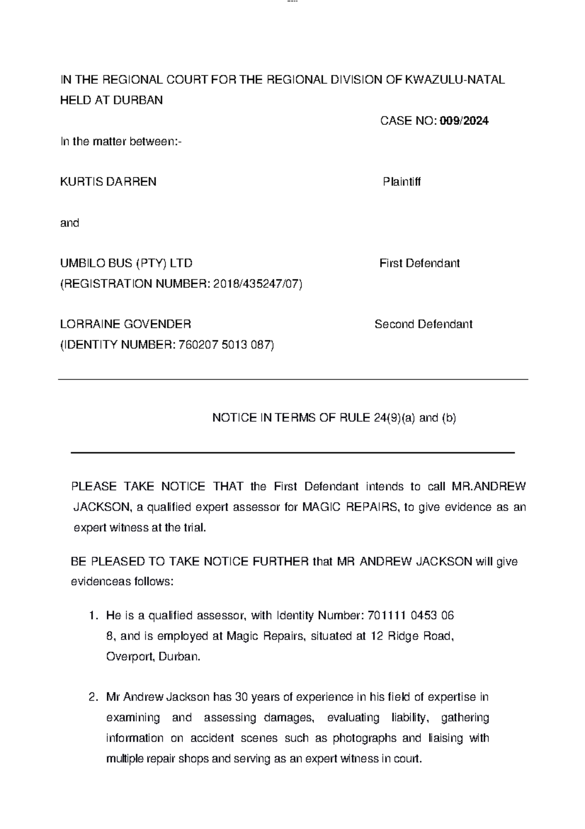 Defendant's Notice to Call Expert Witness - Rule 24(a) & (b) - Studocu