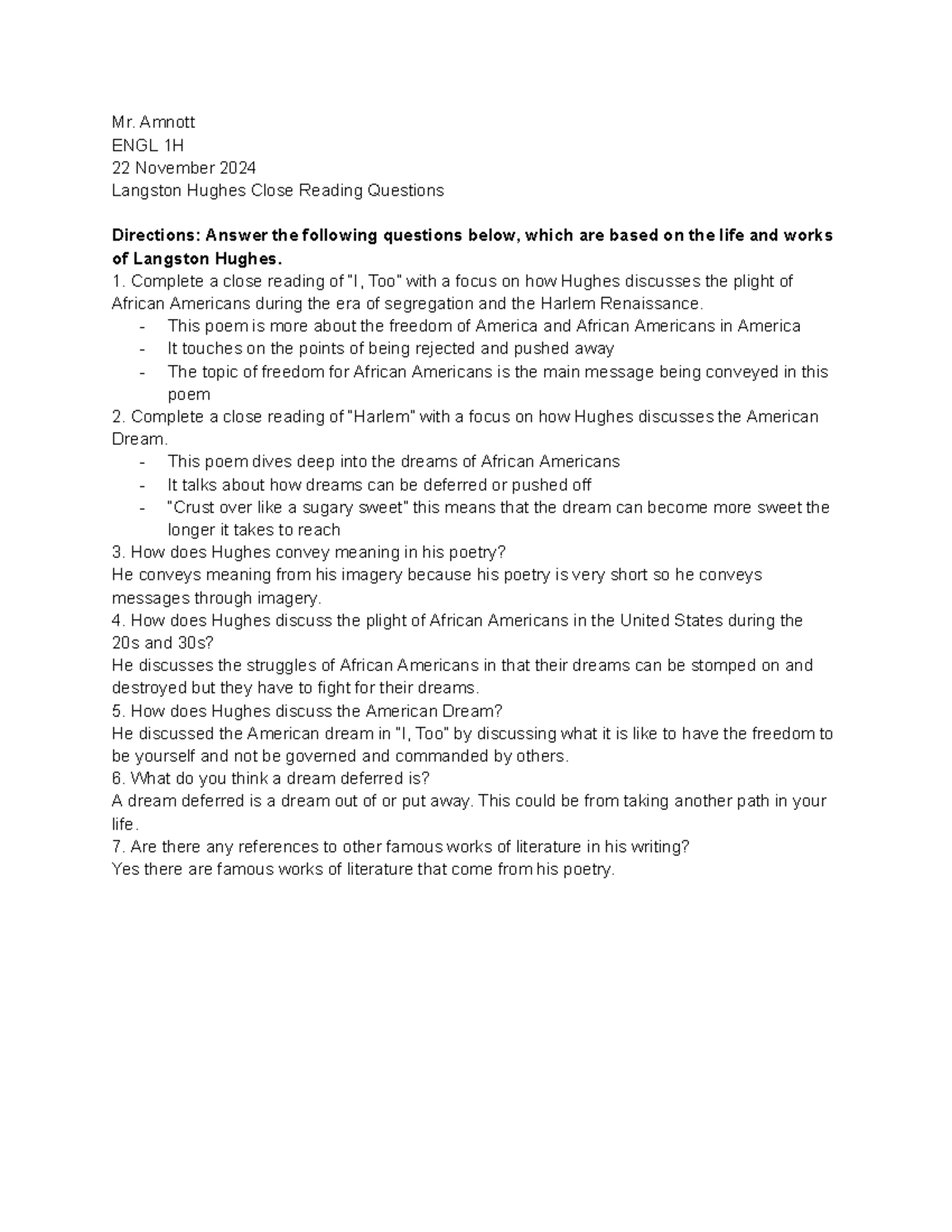 Langston Hughes ENGL 1H Close Reading Questions & Analysis - Studocu