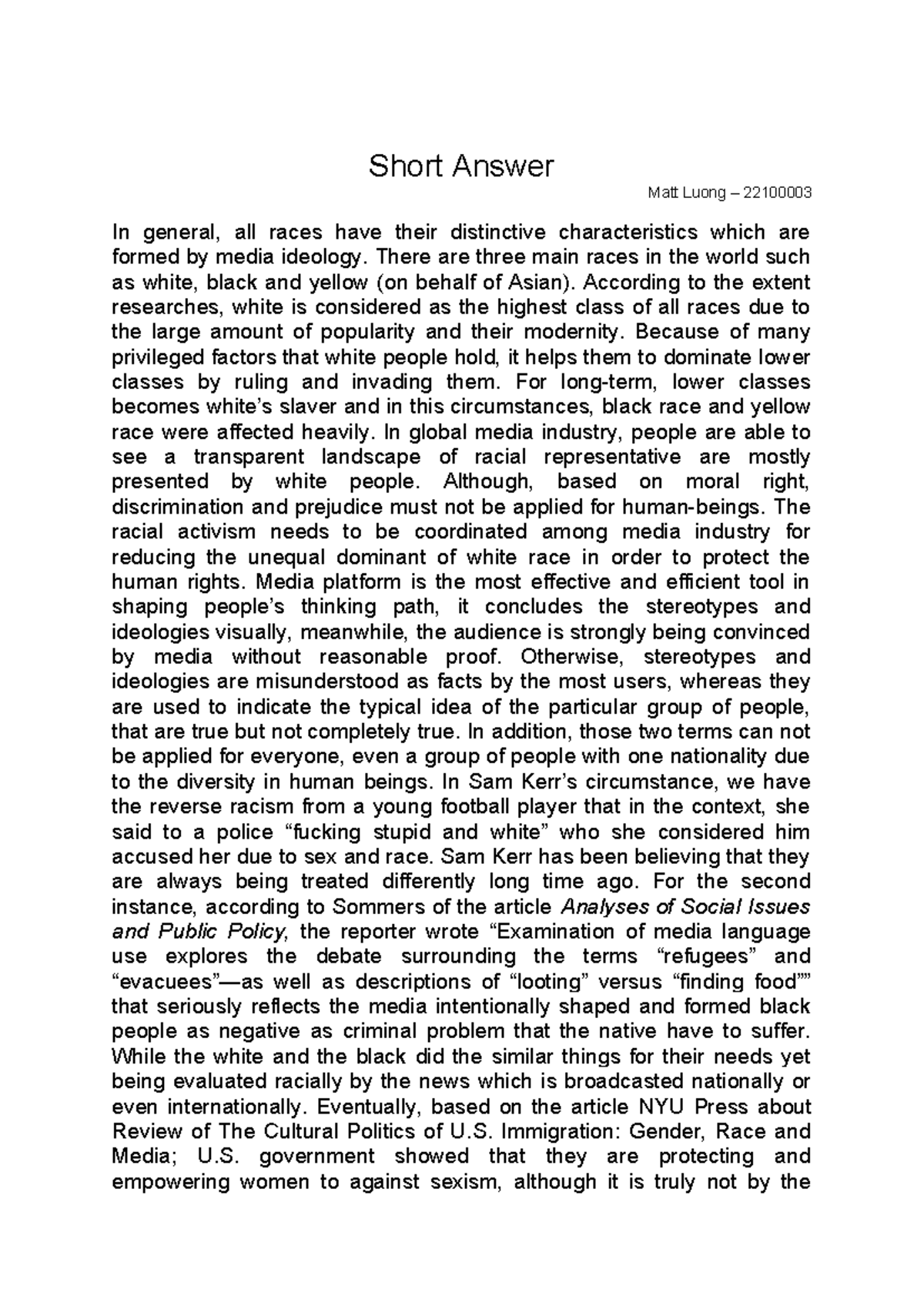 Short Answer: Race, Media, and Ideology in Communication Studies - Studocu