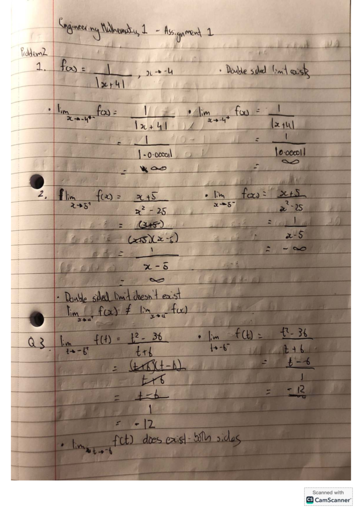 Maths 1 Assignment 1: Double-Sided Limits and Functions Analysis - Studocu