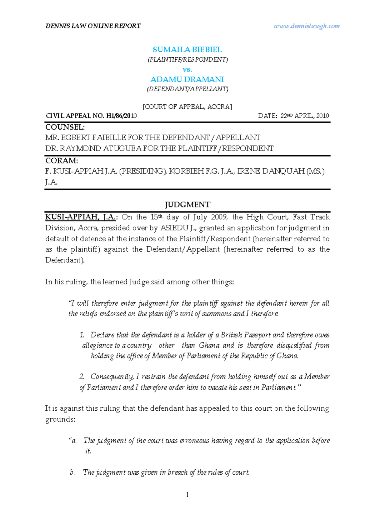 Case Study: Sumaila Biebiel vs. Adamu Dramani - Civil Appeal No. H1/86/ ...
