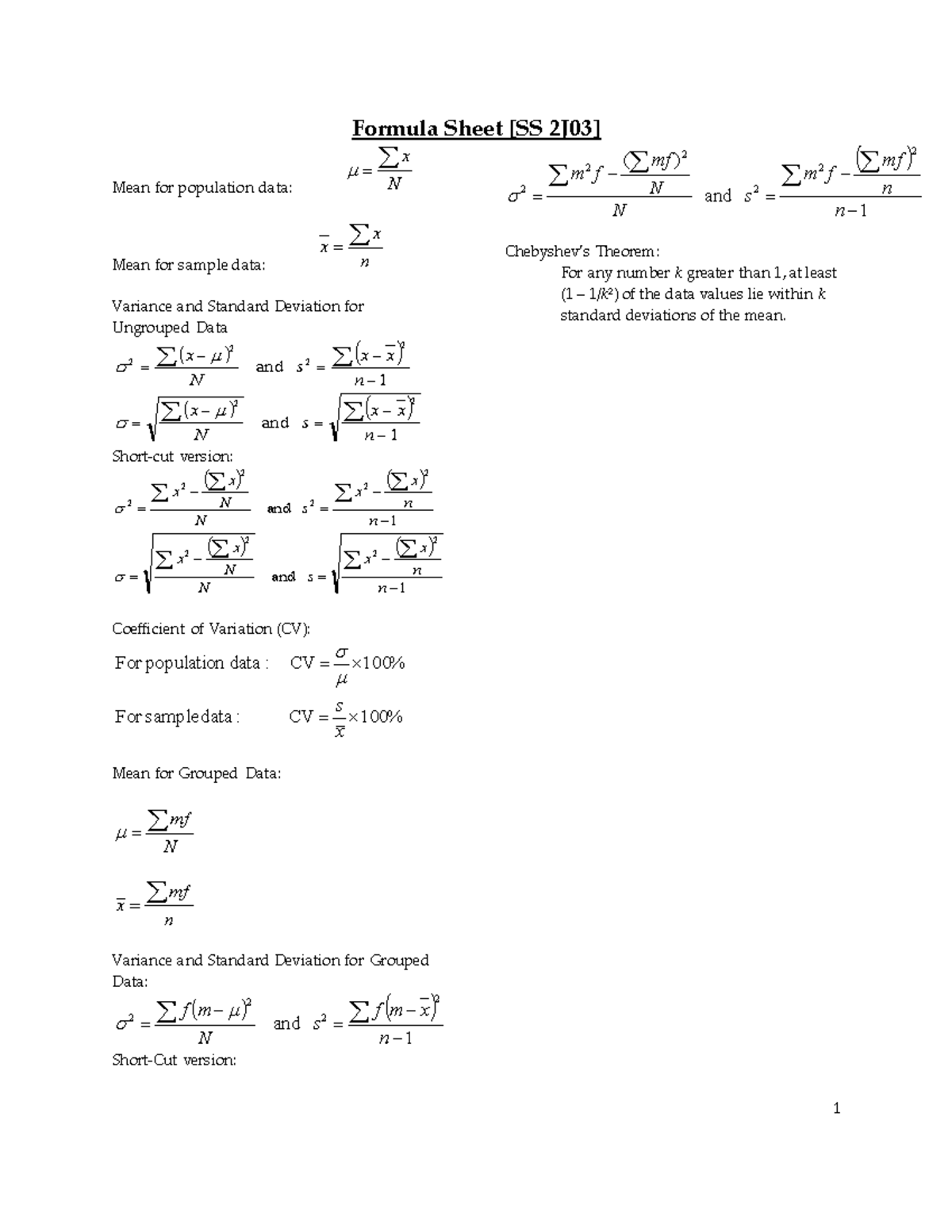 Test-1-F25: Comprehensive Formula Sheet for Statistics - Studocu