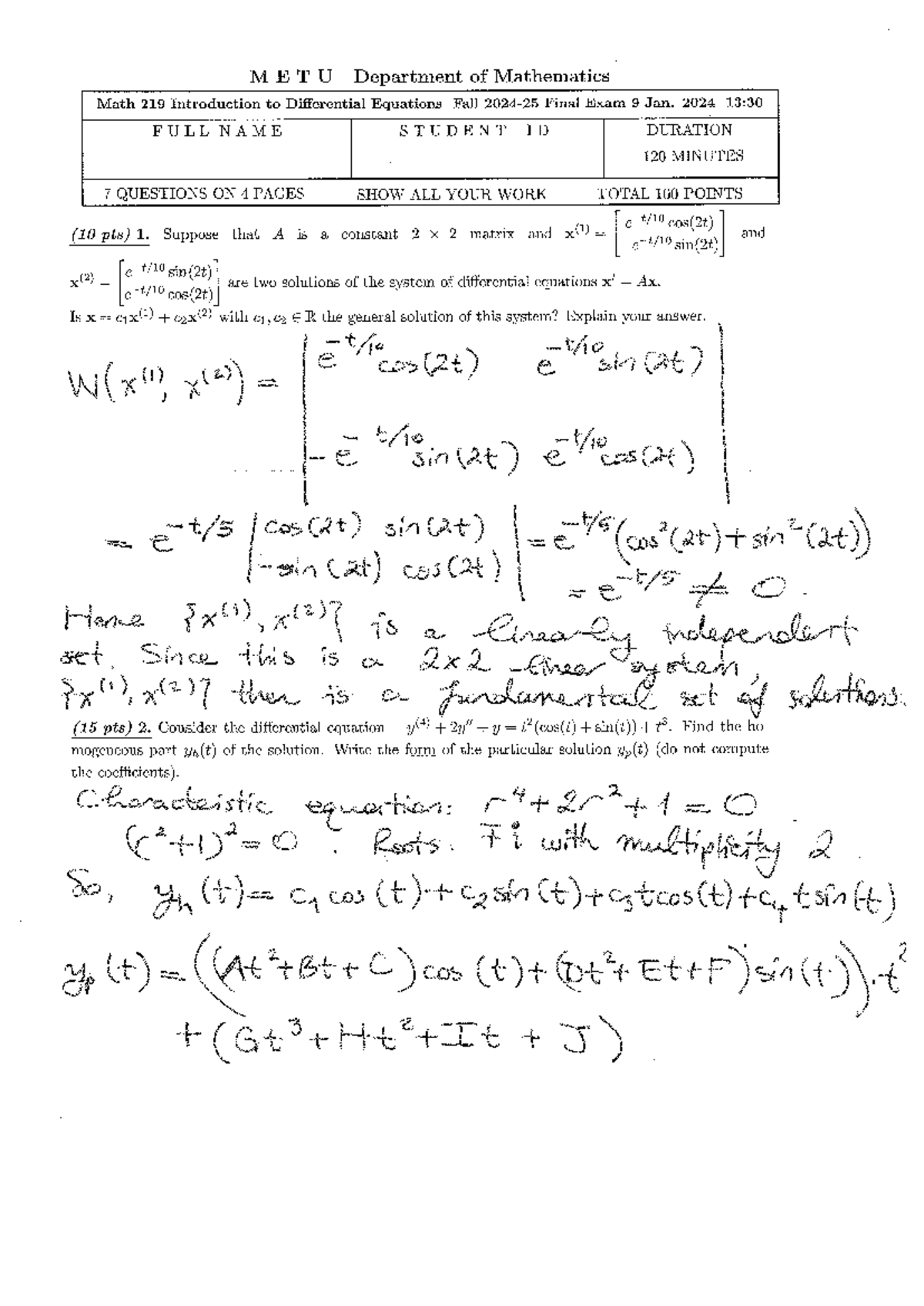 Math 219 Fall Final Exam Solutions: Differential Equations Key - Studocu