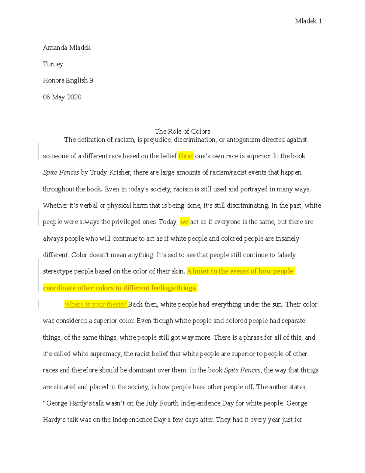 Spite Fences Test - Mladek 1 Amanda Mladek Turney Honors English 9 06 ...