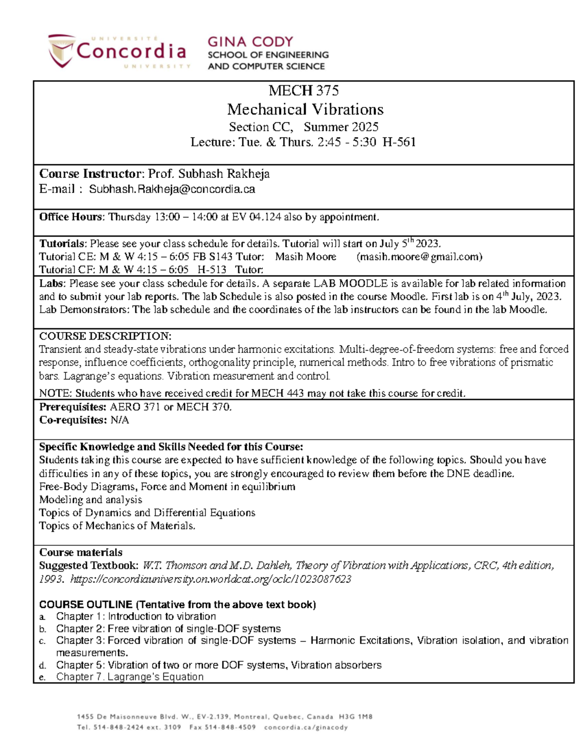 MECH 375 Summer 2025 Course Outline: Mechanical Vibrations - Studocu