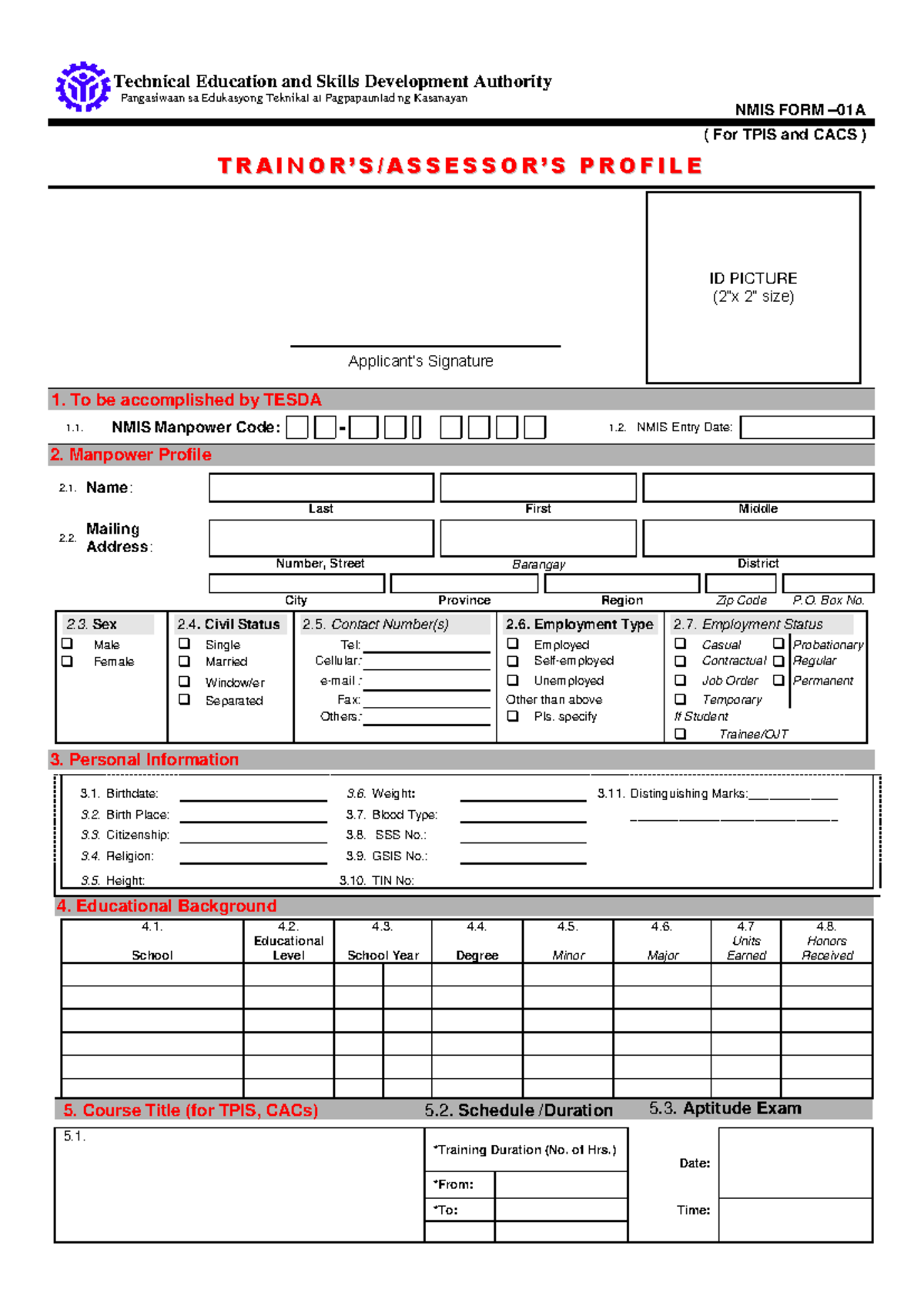 Trainer-Assessor Profile for NMIS Form 01A - TESDA Documentation - Studocu