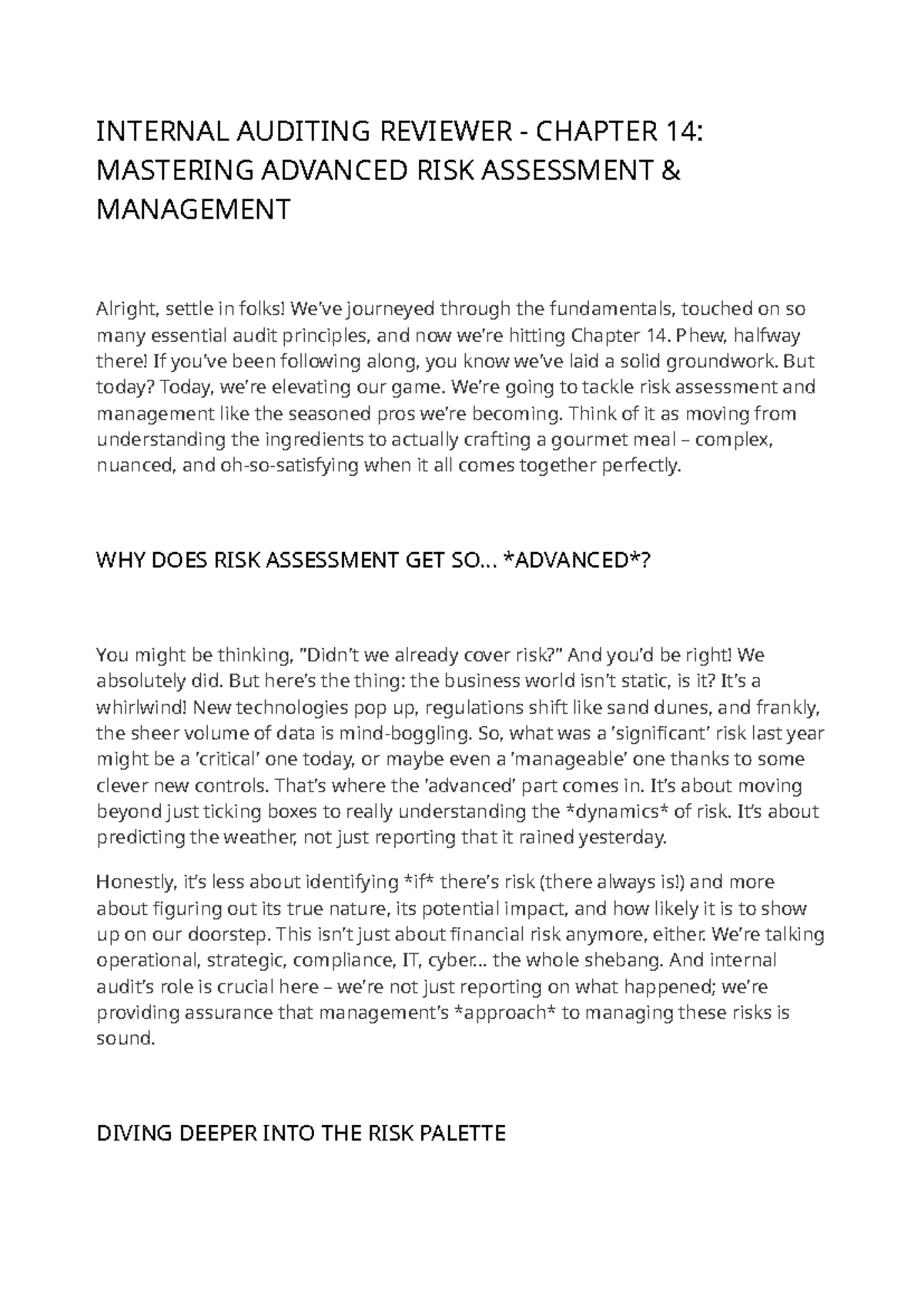 INTERNAL AUDITING REVIEWER CHAPTER 14: ADVANCED RISK ASSESSMENT - Studocu