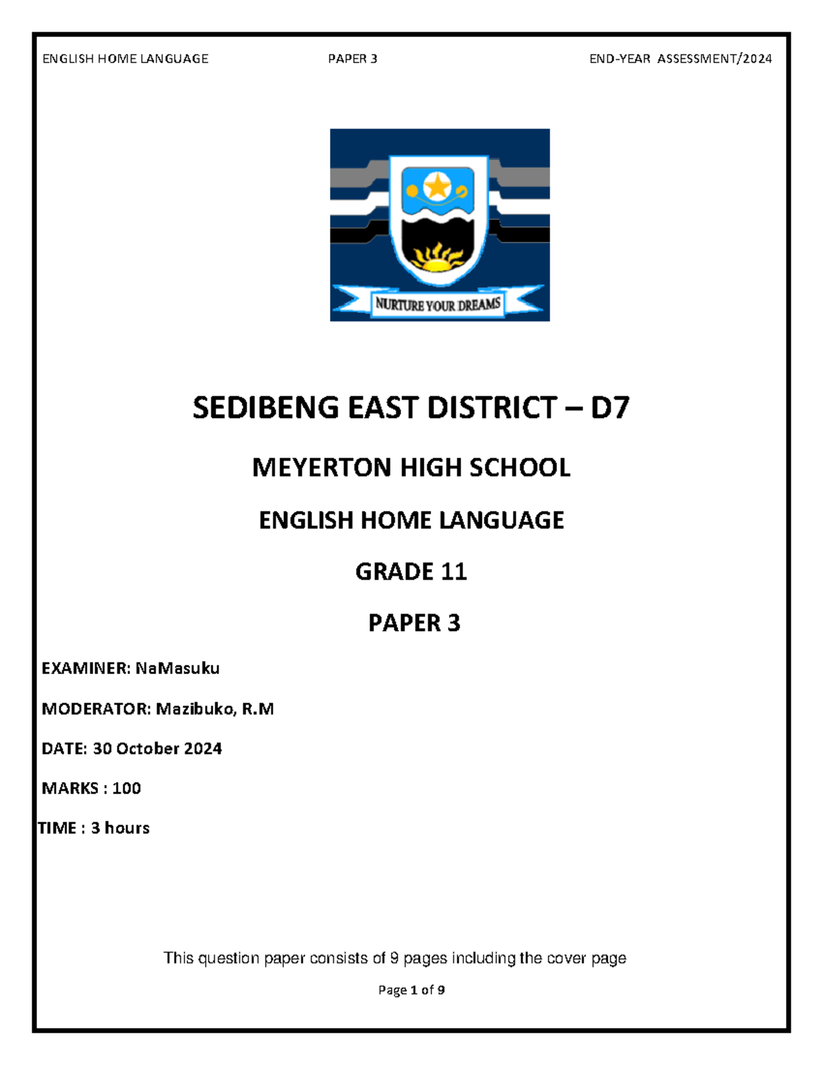 Grade 11 English Home Language Paper 3 Exam - Content & Structure - Studocu