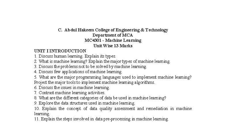 Mc4301 Machine Learning Unit Wise Notes 13 Marks Guide Studocu