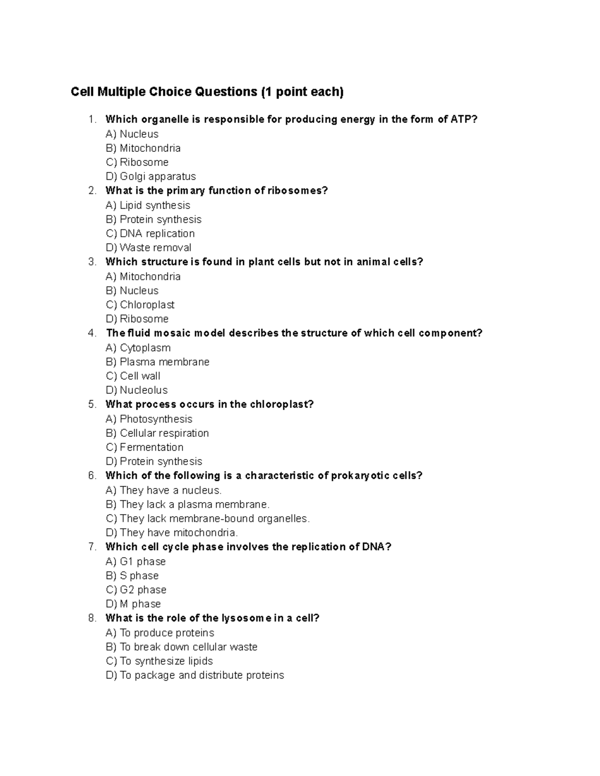 Cell Biology Exam: MCQs & Free Response Questions (BIO101) - Studocu