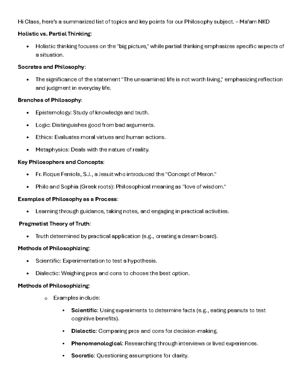 Philosophy Handouts - Hi Class, here’s a summarized list of topics and ...