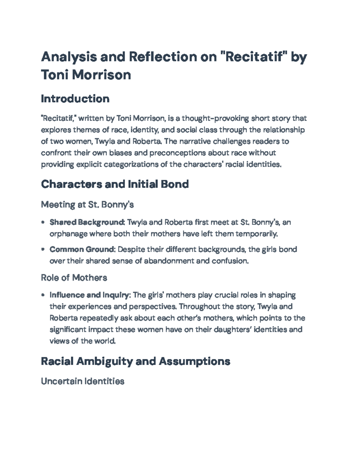 Analysis and Reflection on "Recitatif" by Toni Morrison: A Study of ...