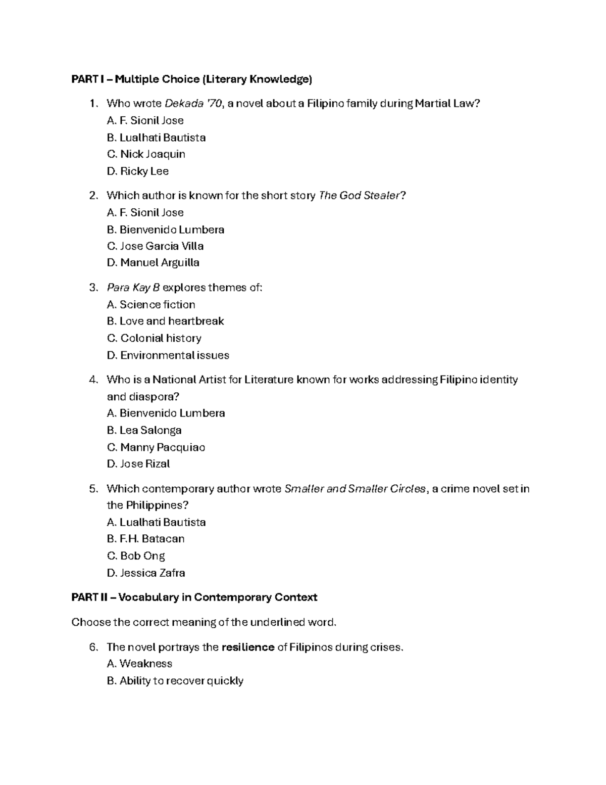 Contemporary Filipino Authors: Literary Knowledge & Analysis Quiz - Studocu