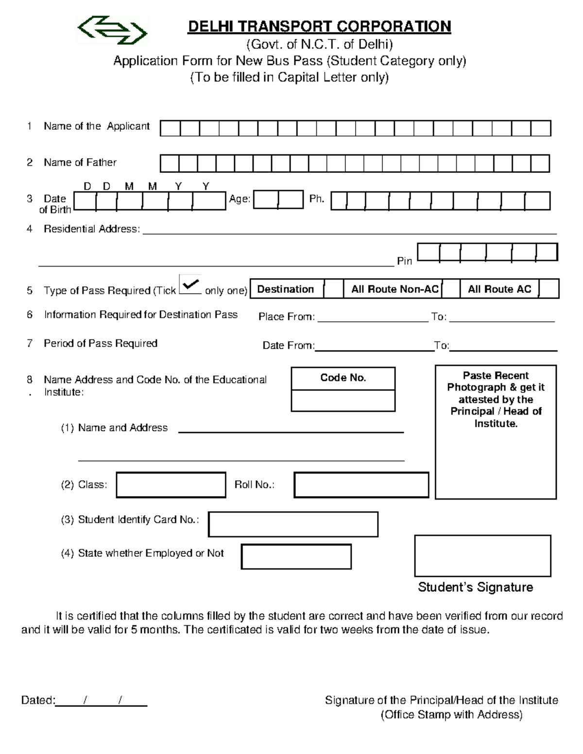 DTC Bus Pass Application Form for Students - Guidelines and Details ...
