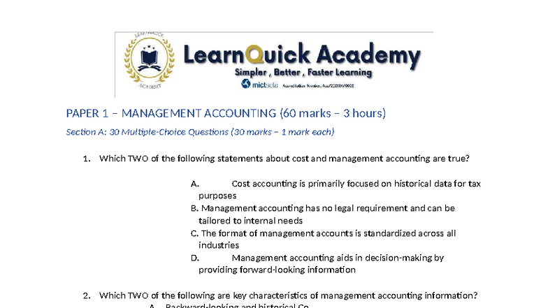 Management Accounting Paper 1: Exam Questions & Marking Rubric - Studocu