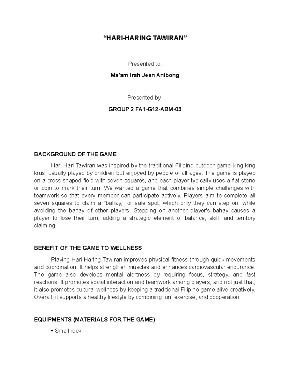 COR 020 Group 2 - Hari Haring Tawiran Game Overview and Rules - Studocu