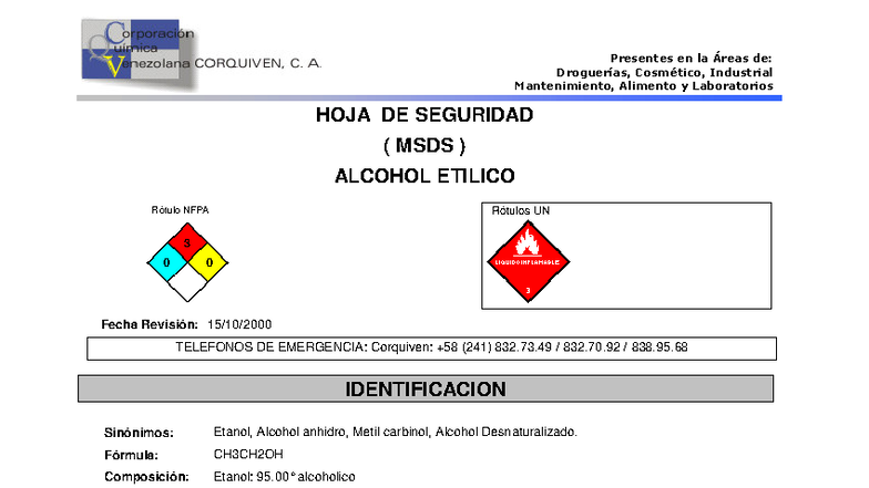 Hoja de Seguridad (MSDS) Alcohol Etílico - Información y Precauciones ...