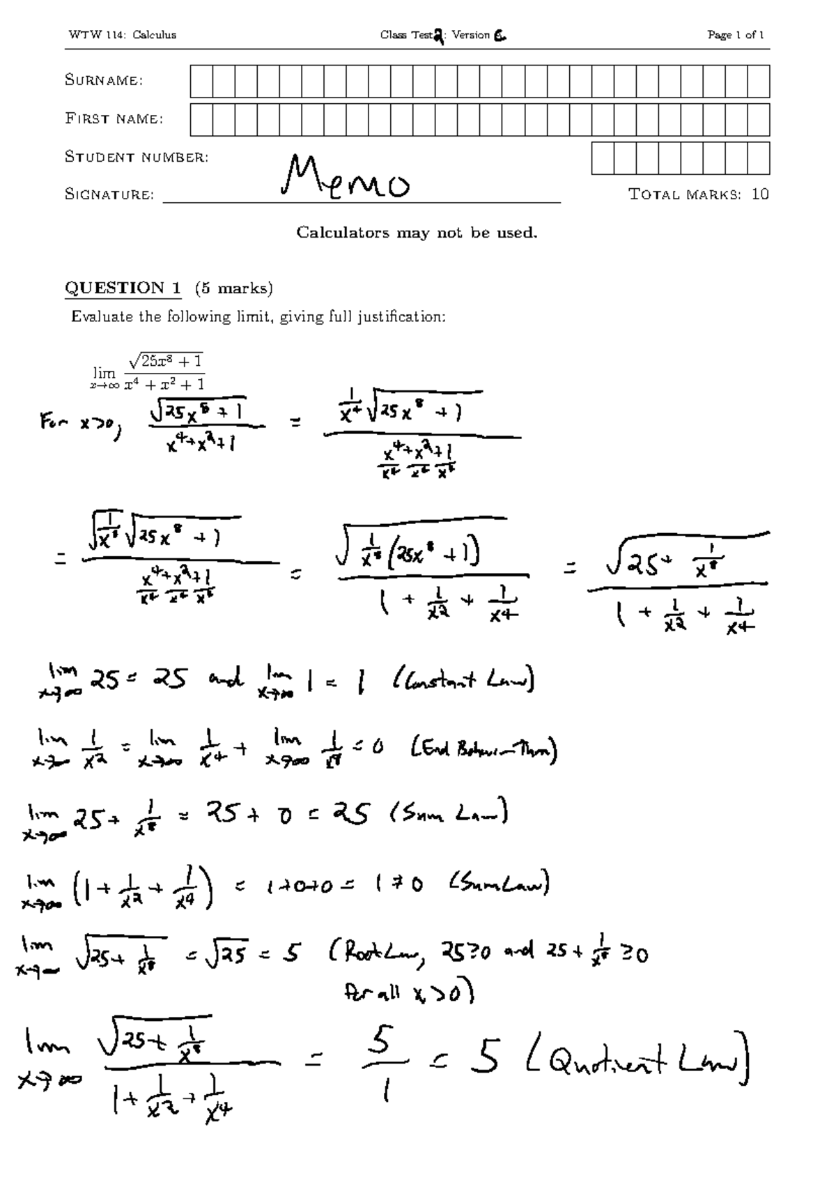 WTW 114 Class Test 2C Memo - WTW 114: Calculus Class Test 1: Version A ...